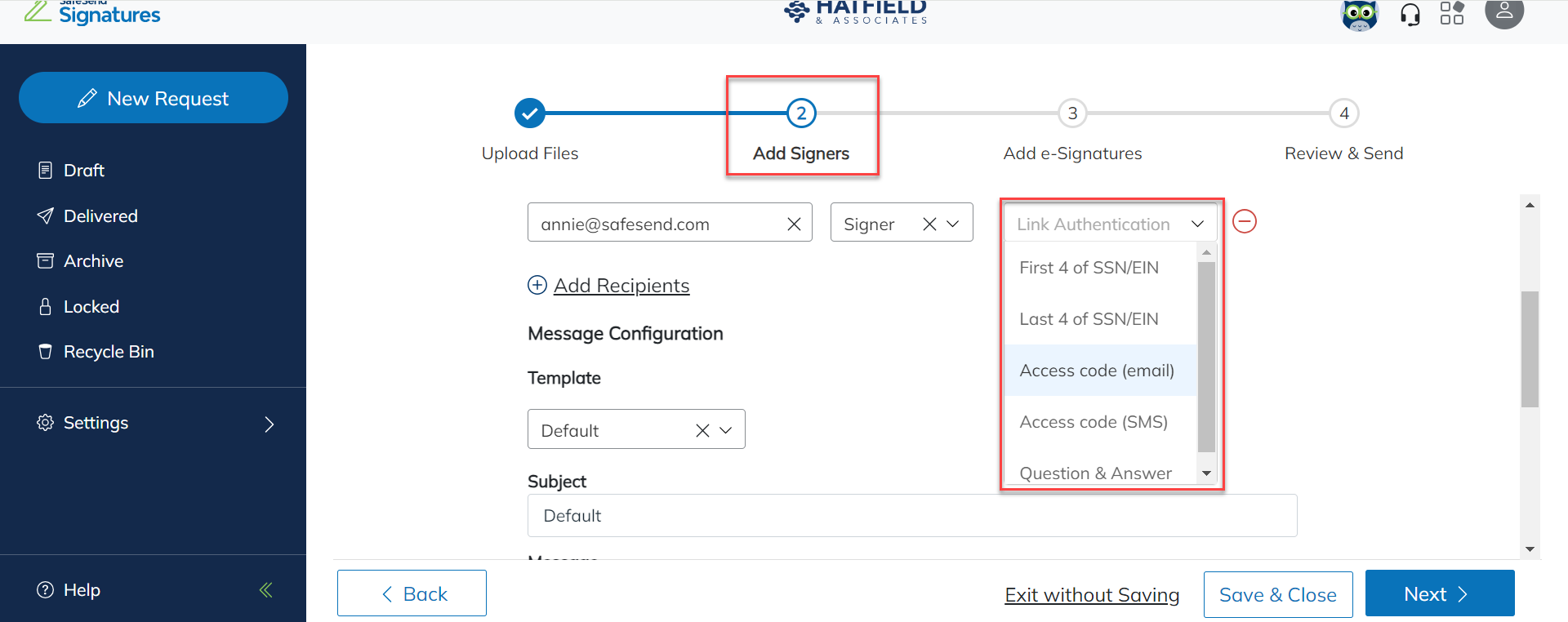 Link Authentication Options – SafeSend Signatures