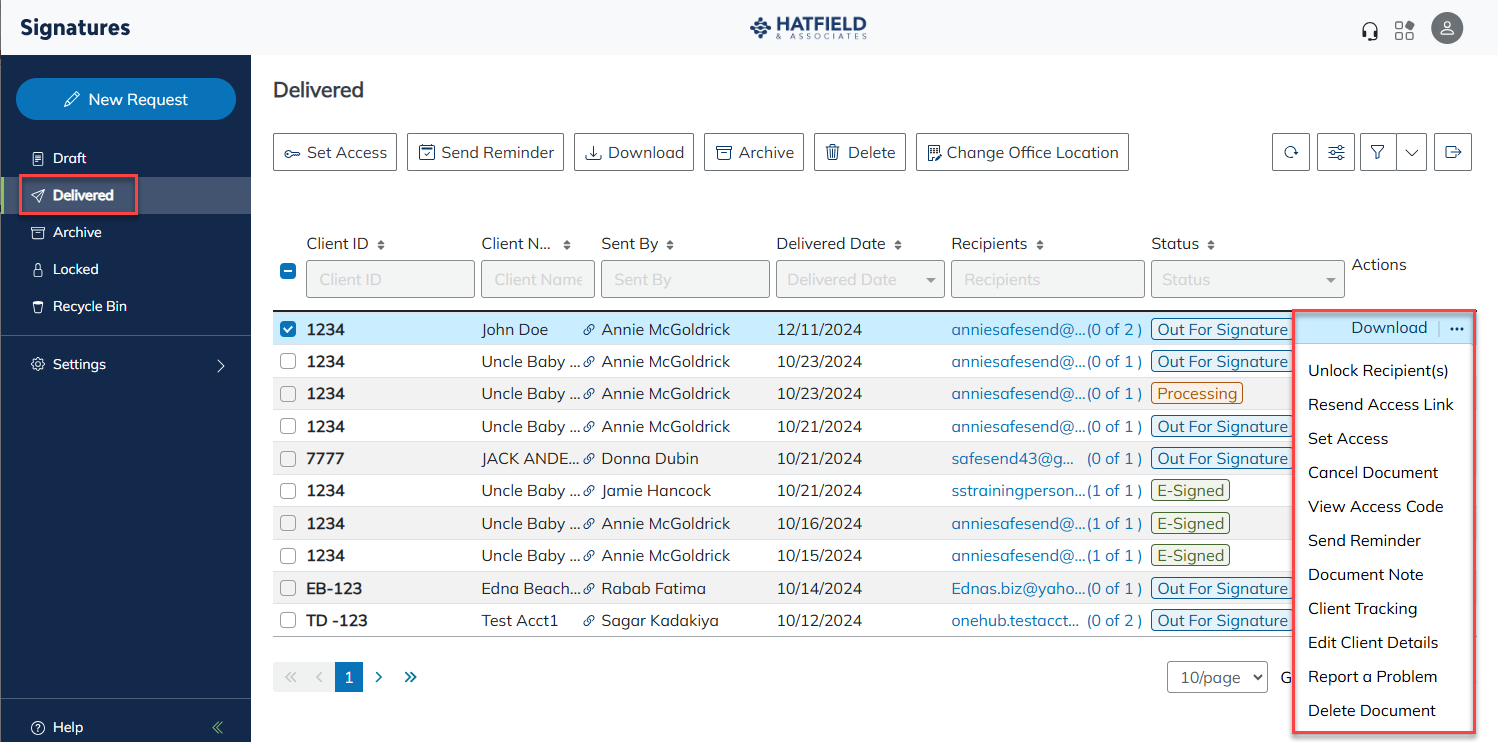Delivered: Action Menu – SafeSend Signatures